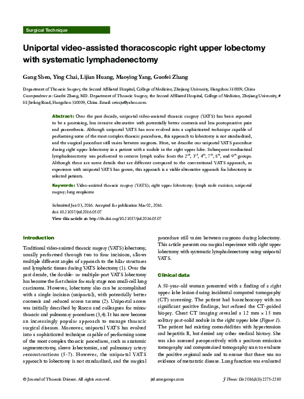 (PDF) Uniportal video-assisted thoracoscopic right upper lobectomy with ...
