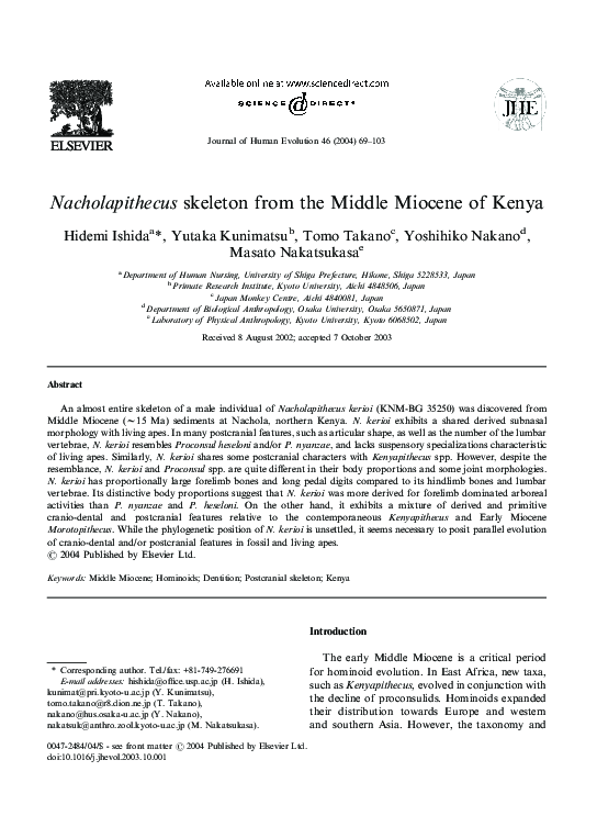 (PDF) Nacholapithecus skeleton from the Middle Miocene of Kenya
