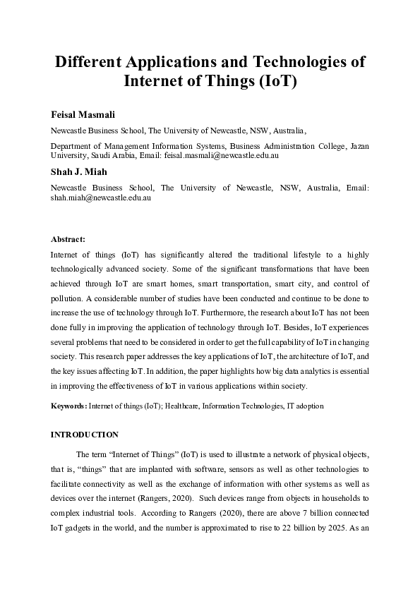 (PDF) Different Applications and Technologies of Internet of Things (IoT)
