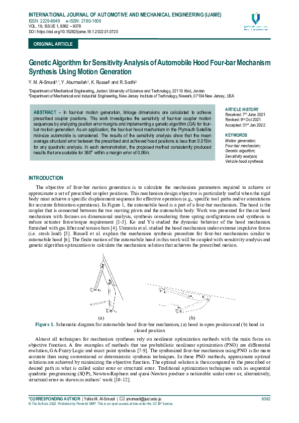 (PDF) Genetic Algorithm for Sensitivity Analysis of Automobile Hood Four-bar Mechanism Synthesis ...