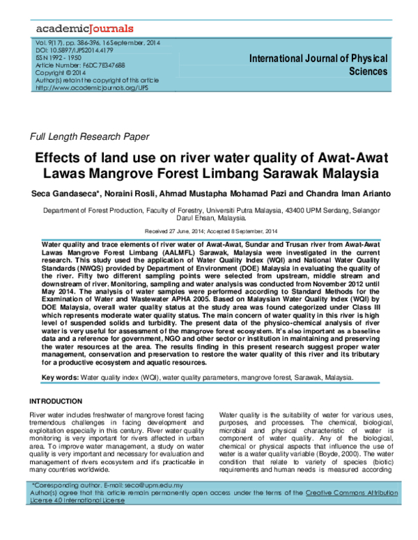 (PDF) Effects of land use on river water quality of Awat-Awat Lawas ...