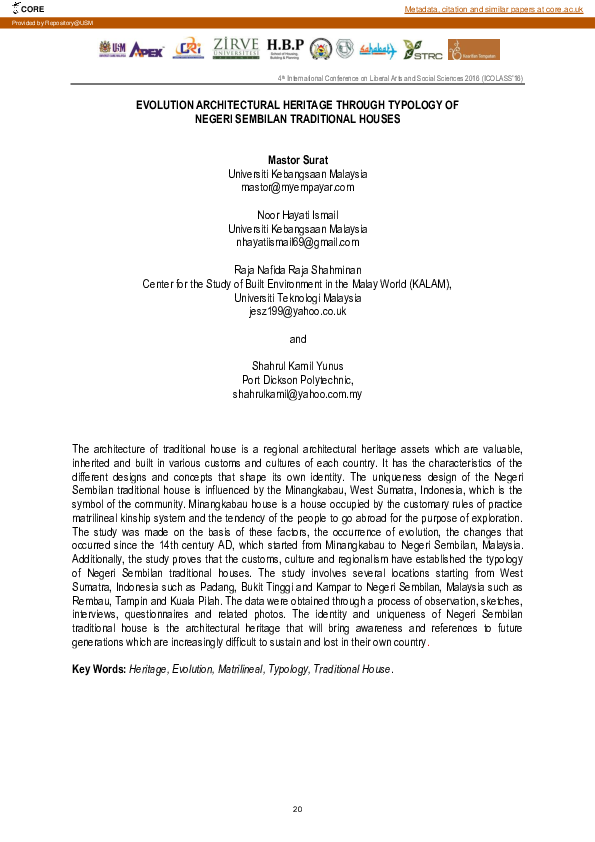 (PDF) Evolution Architectural Heritage Through Typology Of Negeri Sembilan Traditional Houses