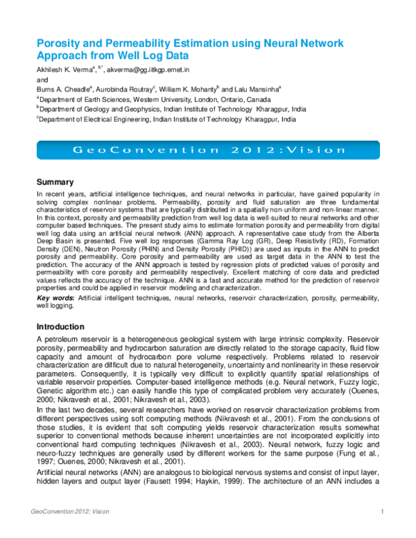 Pdf Porosity And Permeability Estimation Using Neural Network Approach From Well Log Data