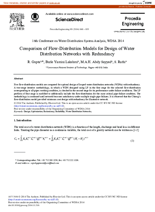 (PDF) Comparison of Flow-distribution Models for Design of Water Distribution Networks with ...