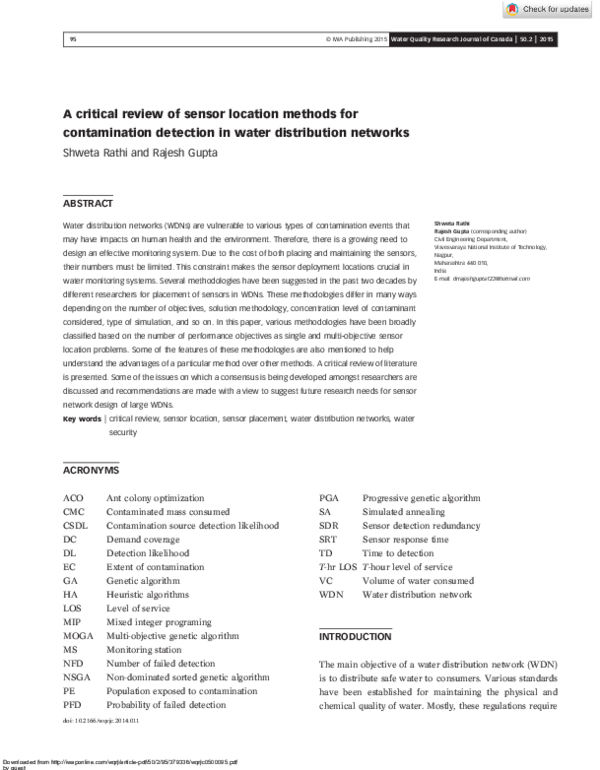 Pdf Sensor Placement For Water Contamination Detection