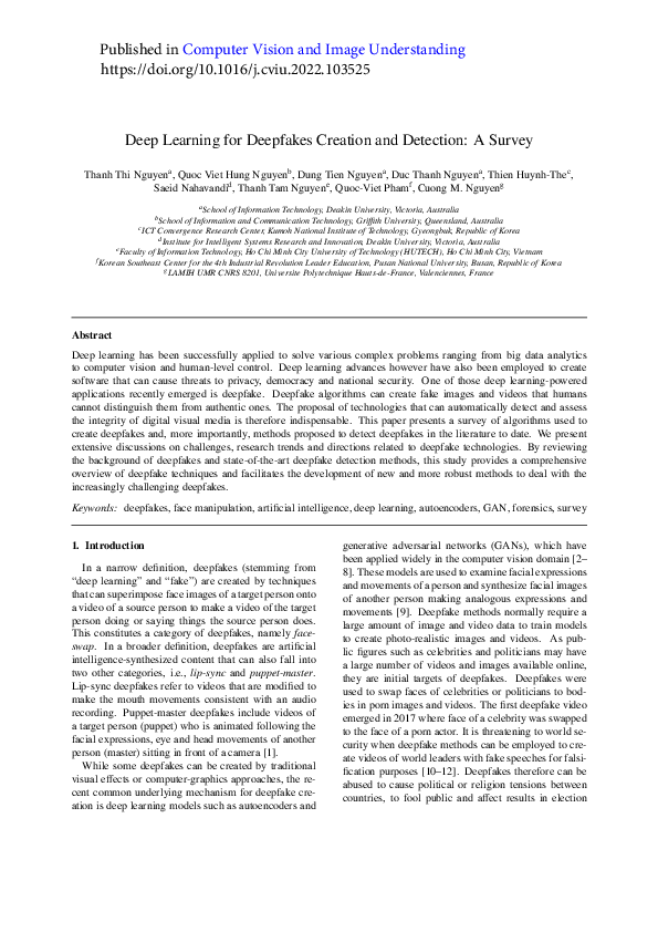 (PDF) Deep Learning for Deepfakes Creation and Detection: A Survey