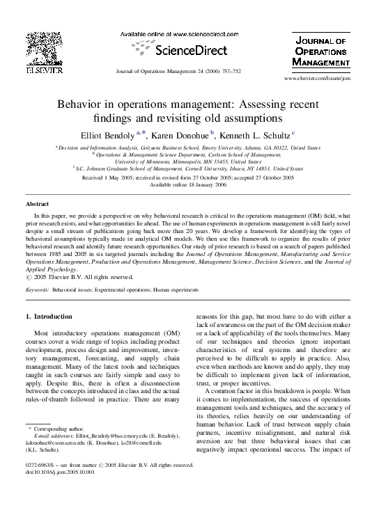 (PDF) Behavior in operations management: Assessing recent findings and ...