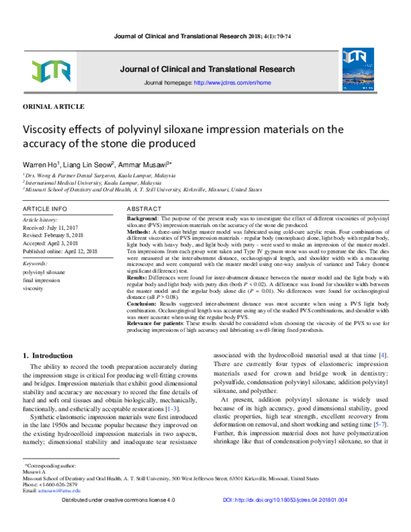 (PDF) Viscosity effects of polyvinyl siloxane impression materials on the accuracy of the stone ...