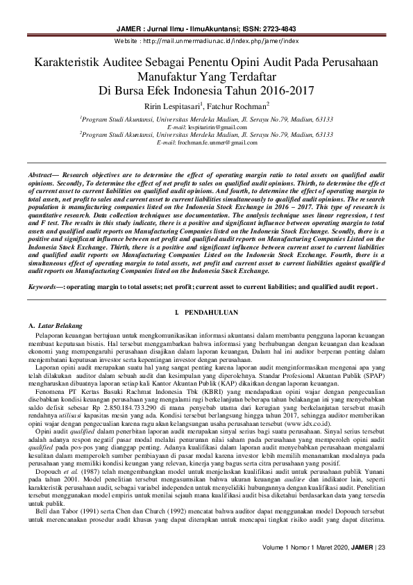 (PDF) Karakteristik Auditee Sebagai Penentu Opini Audit Pada Perusahaan ...