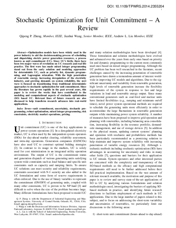 Pdf Stochastic Optimization For Unit Commitment—a Review
