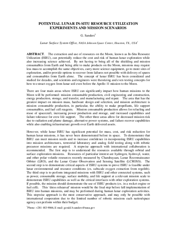 Pdf Potential Lunar In Situ Resource Utilization Experiments And