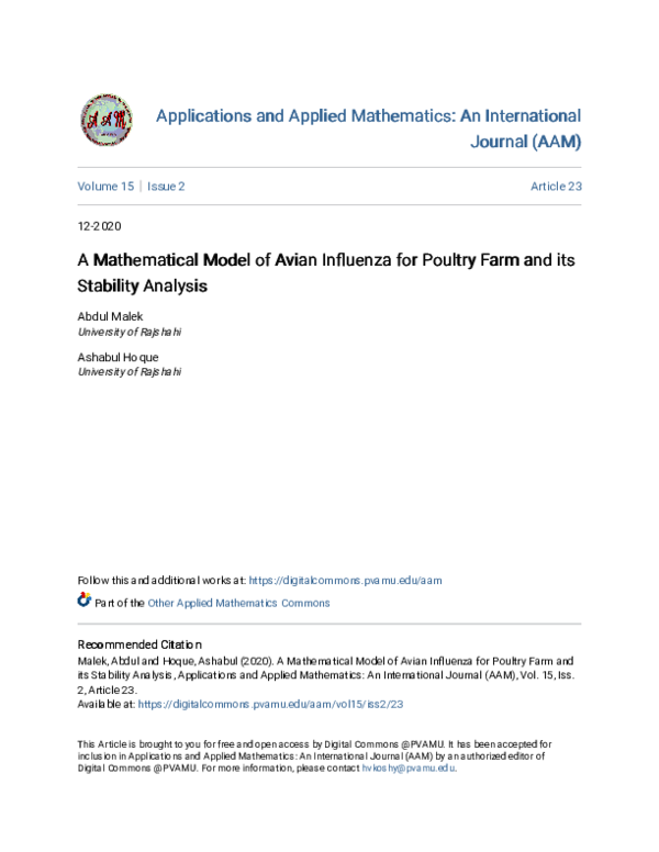 (PDF) A Mathematical Model of Avian Influenza for Poultry Farm and its ...