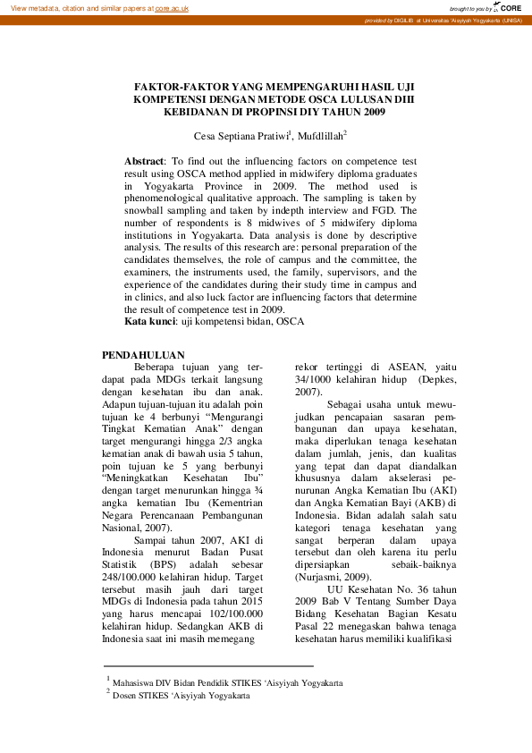(PDF) Faktor-Faktor yang Mempengaruhi Hasil Uji Kompetensi dengan Metode OSCA Lulusan DIII ...