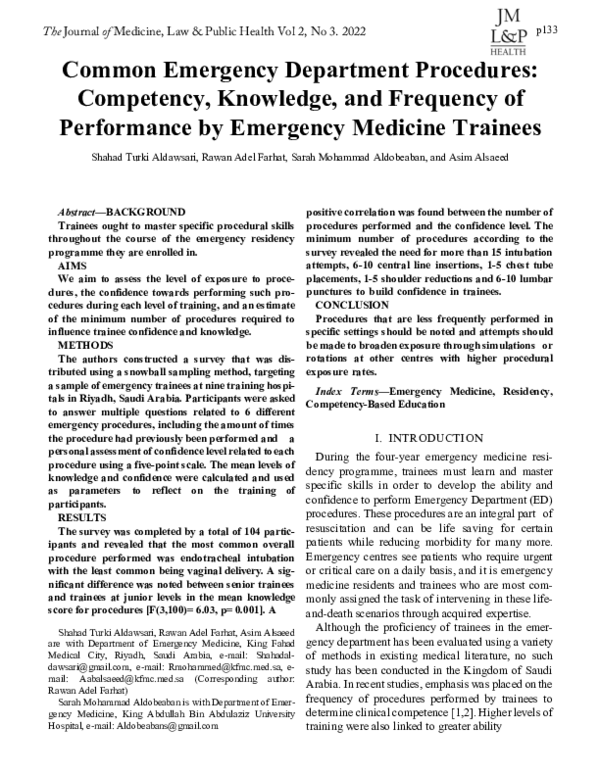 (PDF) Common Emergency Department Procedures: Competency, Knowledge ...