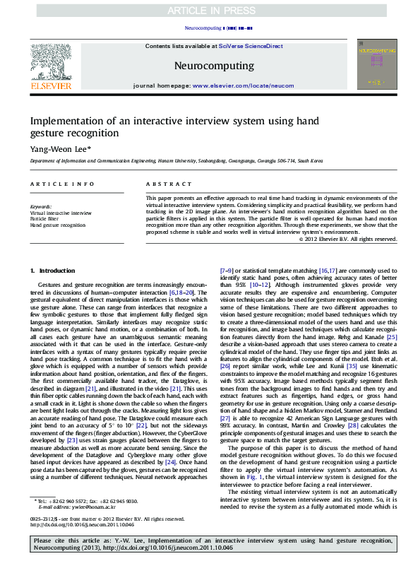 (PDF) Implementation of an interactive interview system using hand gesture recognition