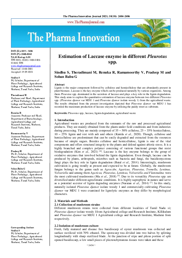 (PDF) Estimation of Laccase enzyme in different Pleurotus spp