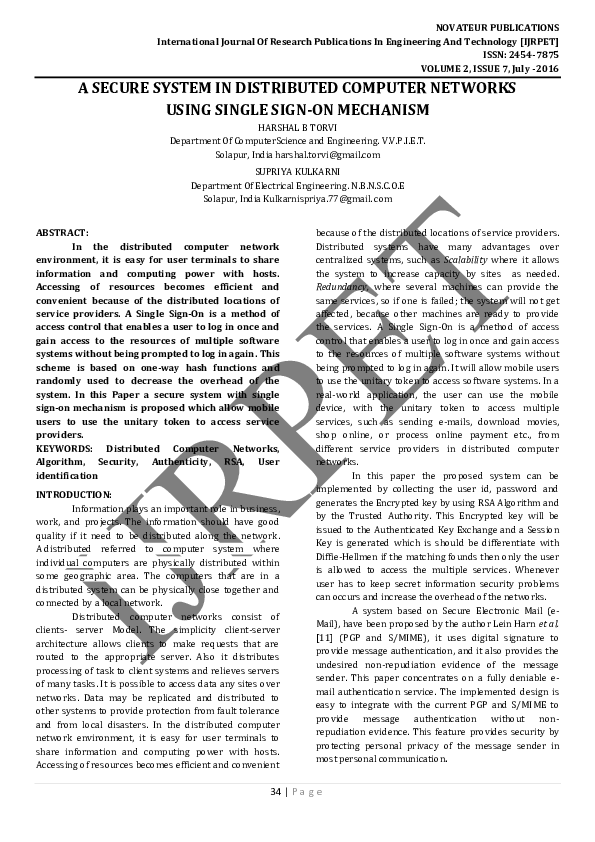 (PDF) A Secure System In Distributed Computer Networks Using Single ...