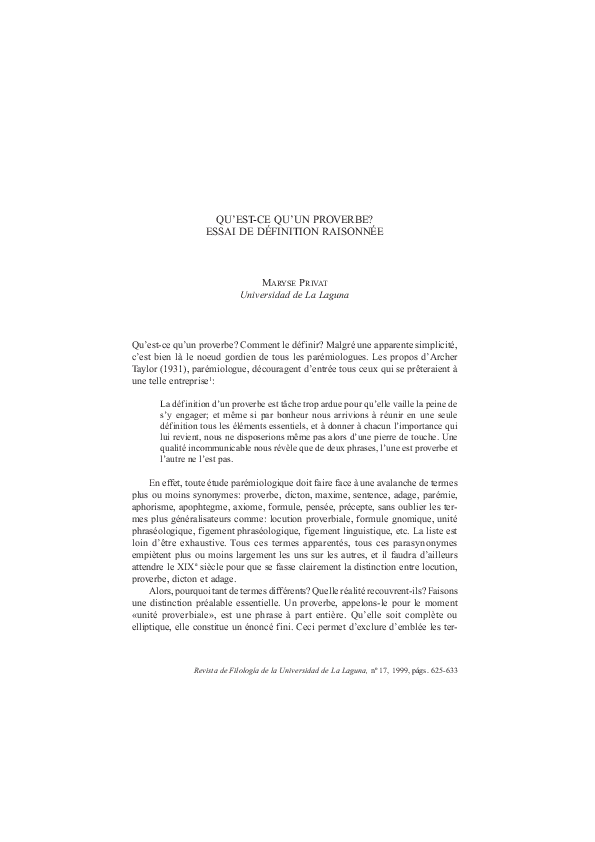 (PDF) QU'EST-CE QU'UN PROVERBE? ESSAI DE DÉFINITION RAISONNÉE