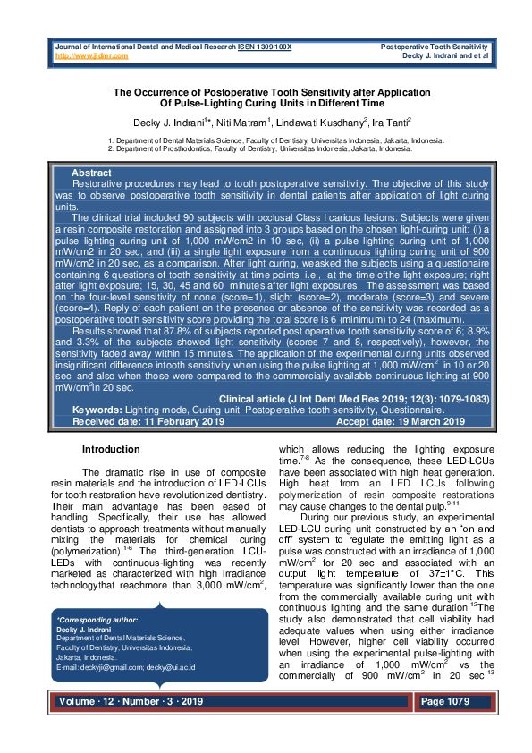 Pdf The Occurrence Of Postoperative Tooth Sensitivity After Application Of Pulse Lighting