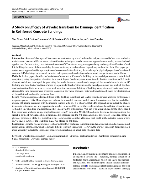 (PDF) A Study on Efficacy of Wavelet Transform for Damage Identification in Reinforced Concrete ...