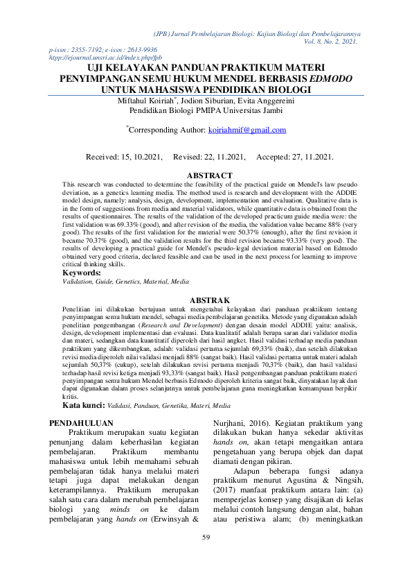 (PDF) Uji Kelayakan Panduan Praktikum Materi Penyimpangan Semu Hukum Mendel Berbasis Edmodo ...