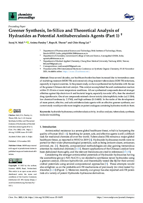 (PDF) Greener Synthesis, In-Silico and Theoretical Analysis of Hydrazides as Potential ...