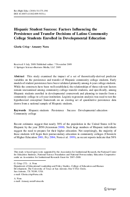 (PDF) Hispanic Student Success: Factors Influencing the Persistence and ...