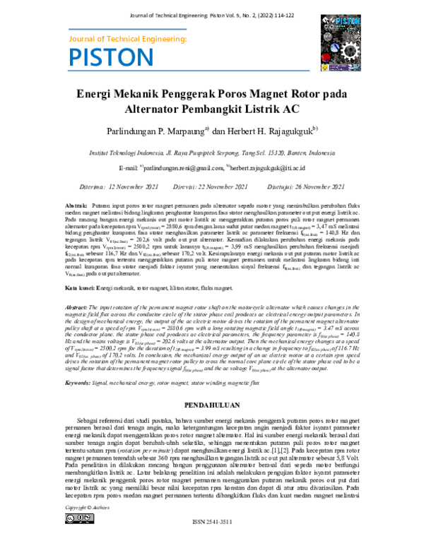 (PDF) Energi Mekanik Penggerak Poros Magnet Rotor Alternator untuk ...