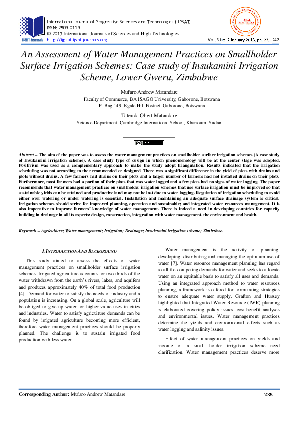 (PDF) An Assessment of Water Management Practices on Smallholder Surface Irrigation Schemes ...