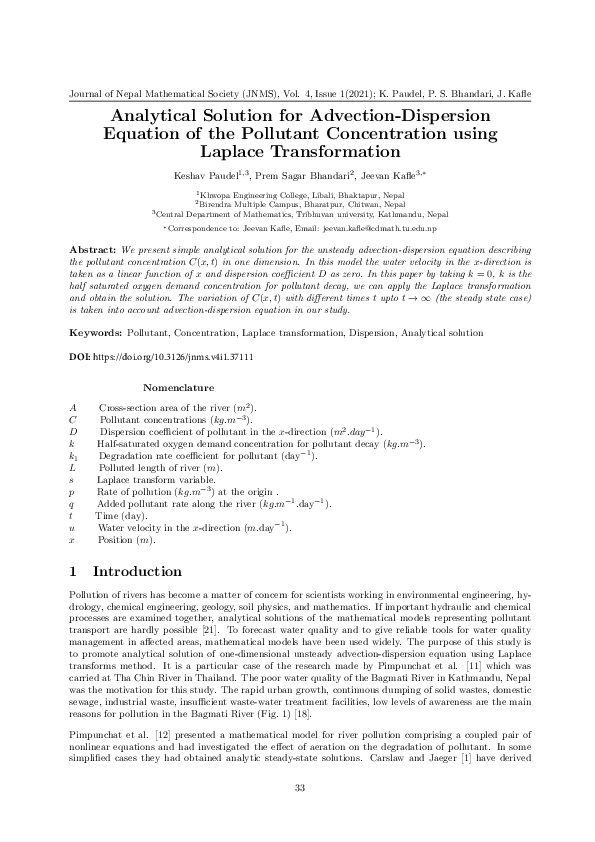 (PDF) Analytical Solution for Advection-Dispersion Equation of the Pollutant Concentration using ...