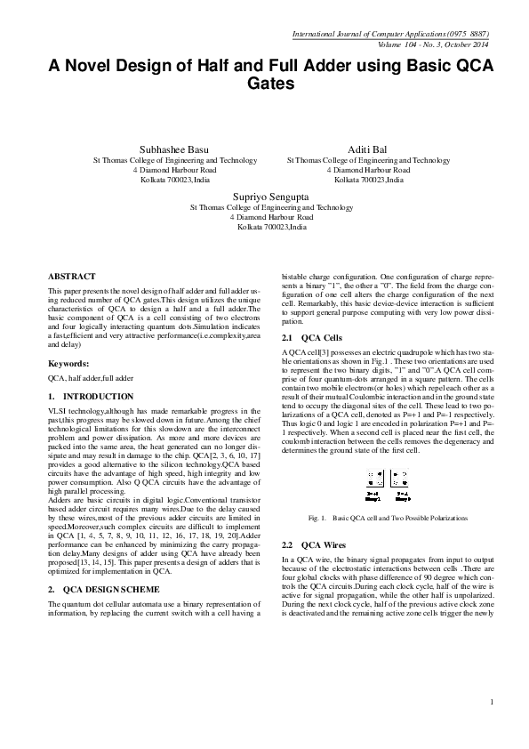 (PDF) A Novel Design of Half and Full Adder using Basic QCA Gates