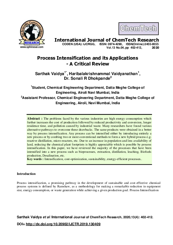 Process Intensification and its Applications - A Critical Review