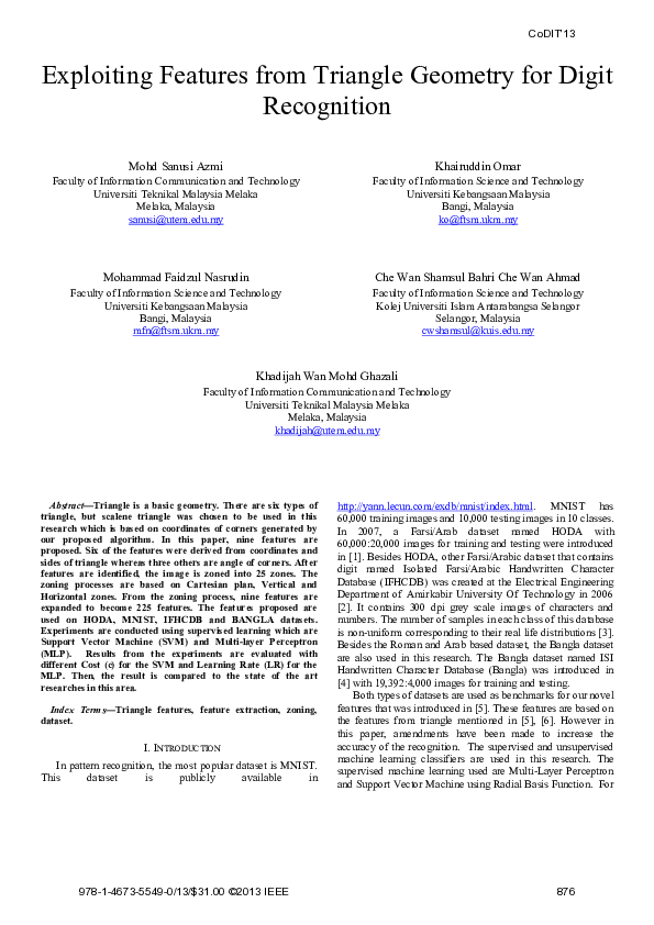 (PDF) Exploiting features from triangle geometry for digit recognition