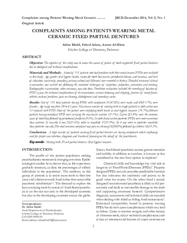 (PDF) Complaints Among Patients Wearing Metal Ceramic Fixed Partial ...