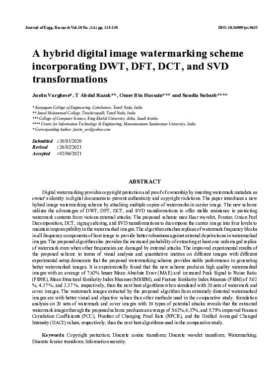 (PDF) A Hybrid Digital Image Watermarking Scheme Incorporating DWT, DFT, DCT and SVD Transformations