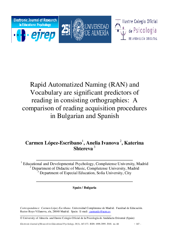 (PDF) Rapid Automatized Naming (RAN) and Vocabulary are significant ...