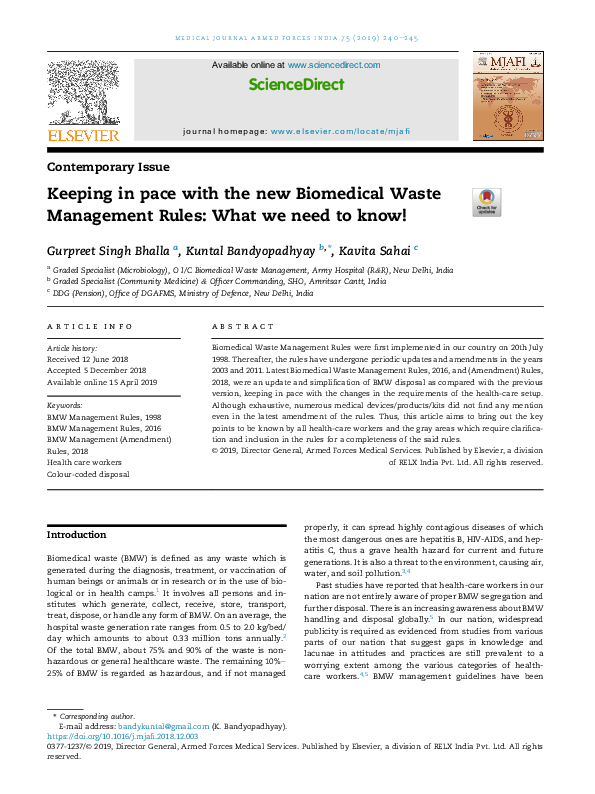(PDF) Keeping in pace with the new Biomedical Waste Management Rules ...