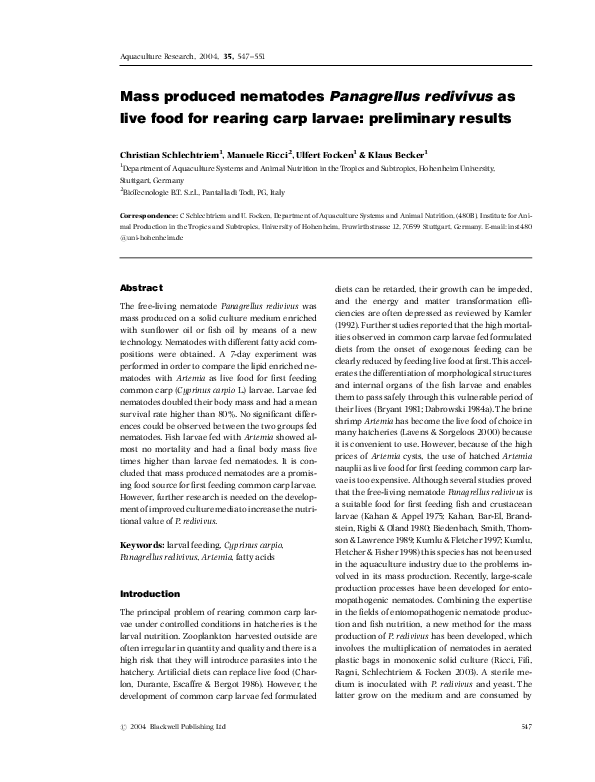 (PDF) Mass produced nematodes Panagrellus redivivus as live food for ...