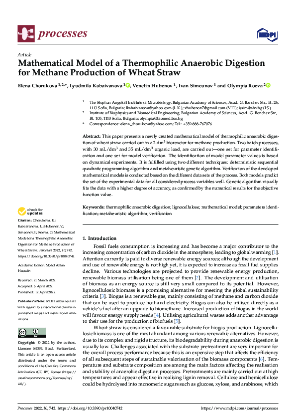 (PDF) Mathematical Model of a Thermophilic Anaerobic Digestion for Methane Production of Wheat ...