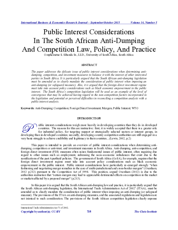 (PDF) Public Interest Considerations In The South African Anti-Dumping ...