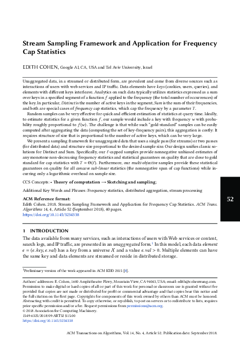 (PDF) Stream Sampling for Frequency Cap Statistics