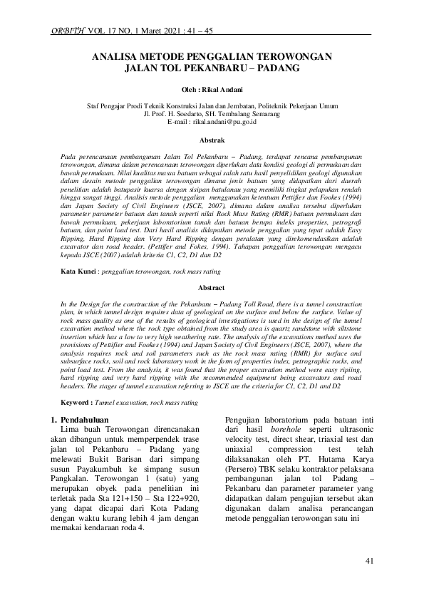 (PDF) Analisa Metode Penggalian Terowongan Jalan Tol Pekanbaru – Padang