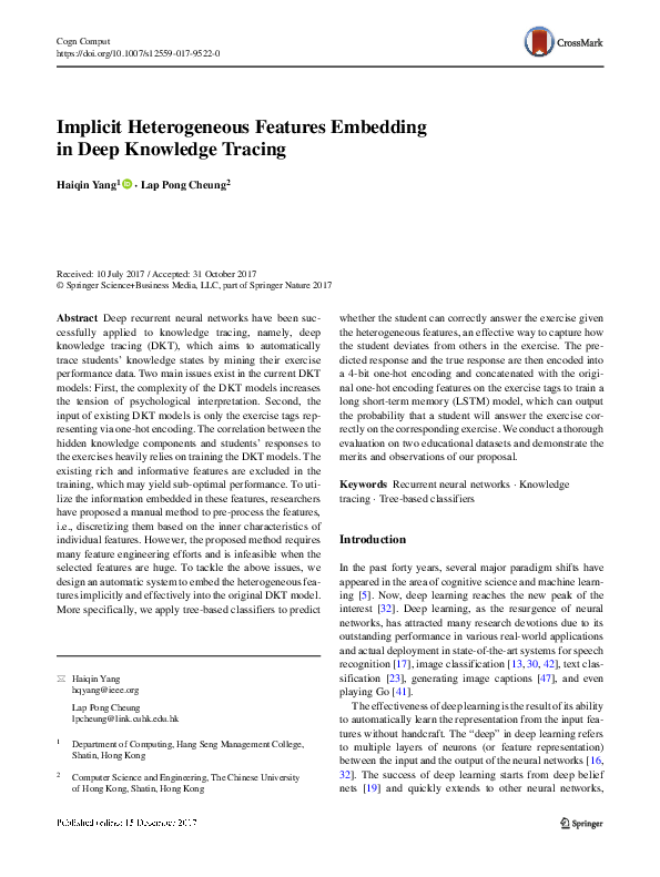 (PDF) Implicit Heterogeneous Features Embedding in Deep Knowledge Tracing