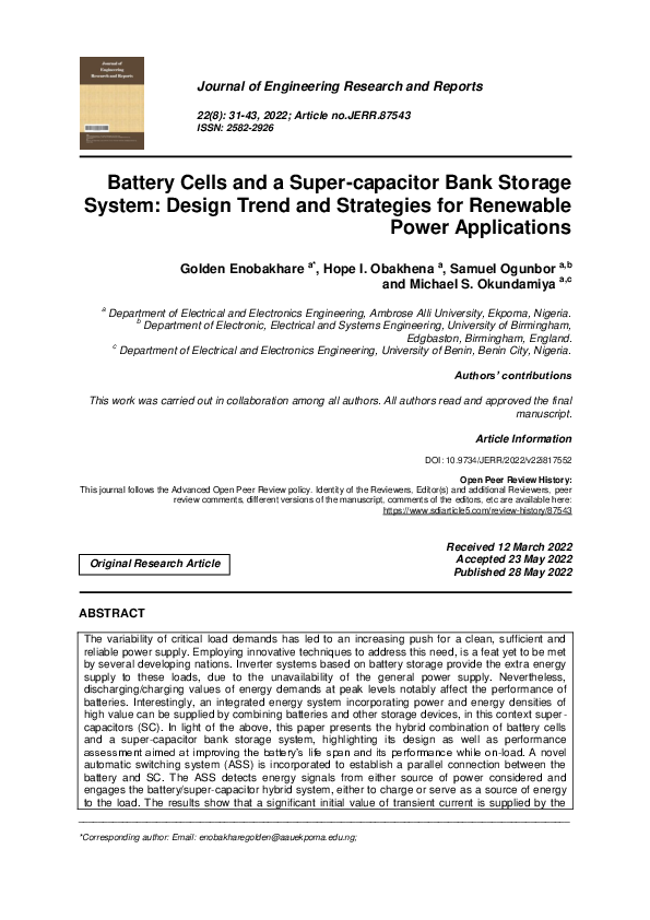 (PDF) Battery Cells and a Super-capacitor Bank Storage System: Design ...