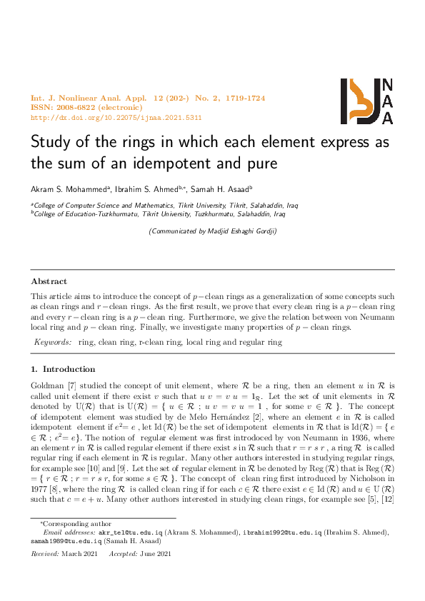 (PDF) Study of the rings in which each element express as the sum of an idempotent and pure