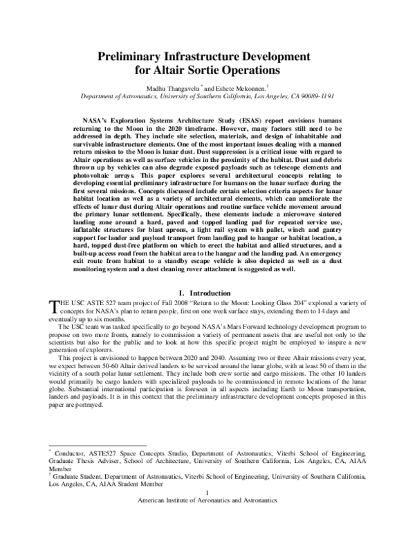 (PDF) Preliminary Infrastructure Development for Altair Sortie Operations