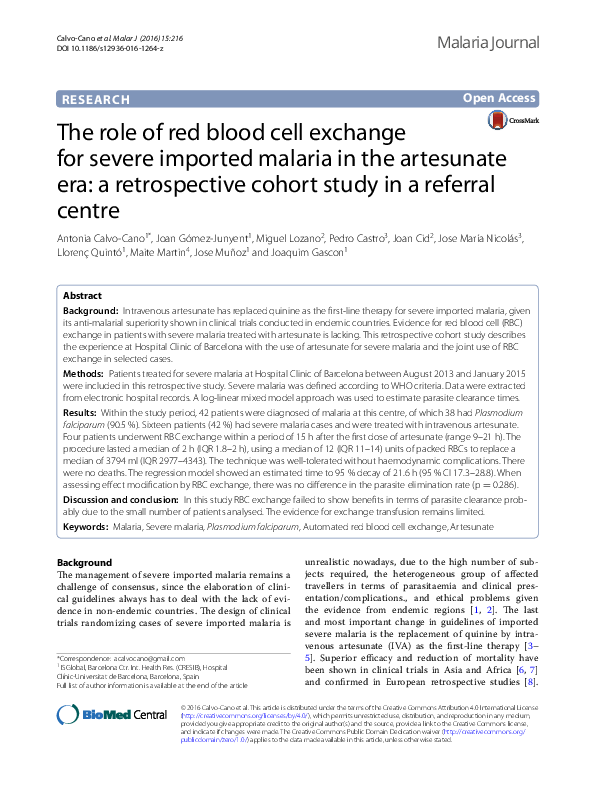 (PDF) The role of red blood cell exchange for severe imported malaria ...