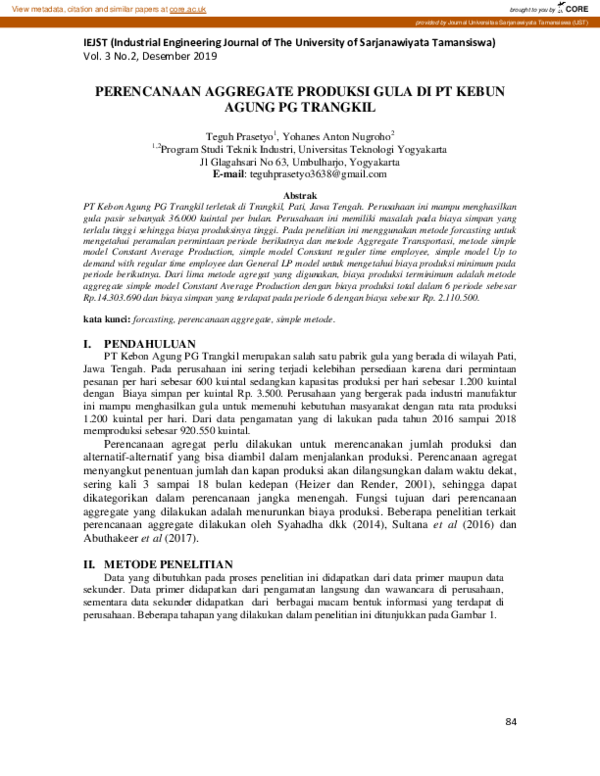 (PDF) Perencanaan Aggregate Produksi Gula DI PT Kebun Agung PG Trangkil