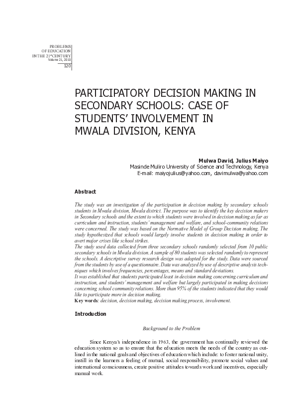 (PDF) Participatory decision making in secondary schools: case of students’ involvement in Mwala ...