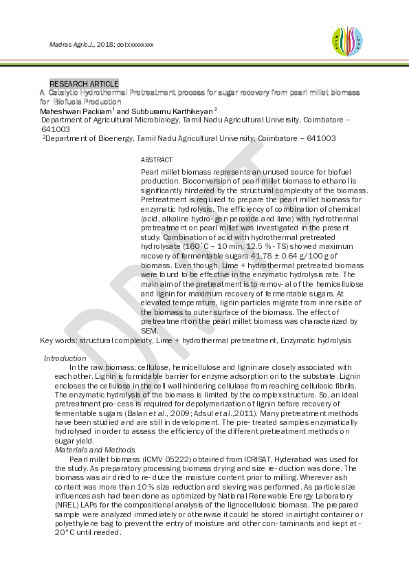 (PDF) A Catalytic Hydrothermal Pretreatment process for sugar recovery ...